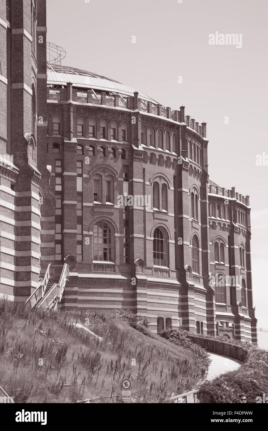 Facade of Gasometer Building, Vienna; Austria in Black and White Sepia ...