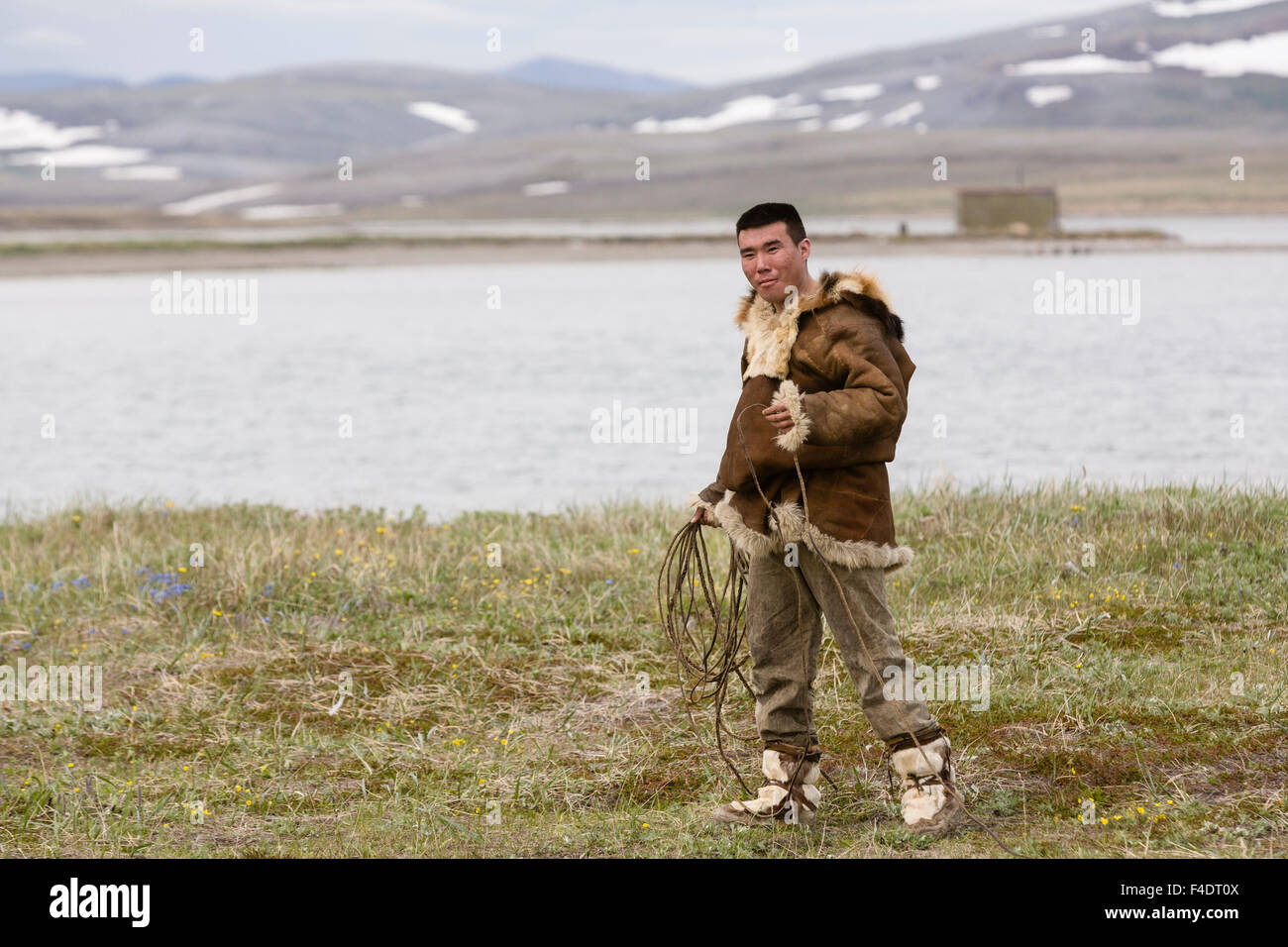 Russia, Chukotka, Yanrakynnot, Chukchi man demonstrating traditional ...