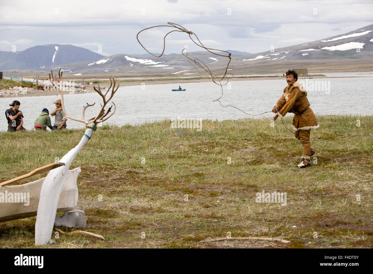 Russia, Chukotka, Yanrakynnot, Chukchi man demonstrating traditional ...