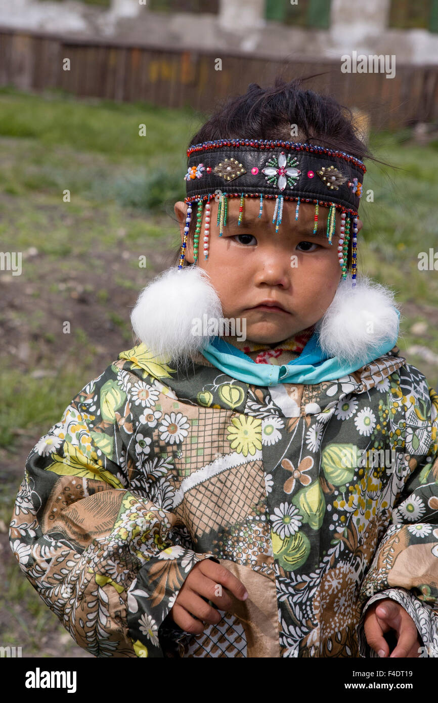 Russia, Chukotka, Yanrakynnot, Portrait of Chukchi girl in traditional ...