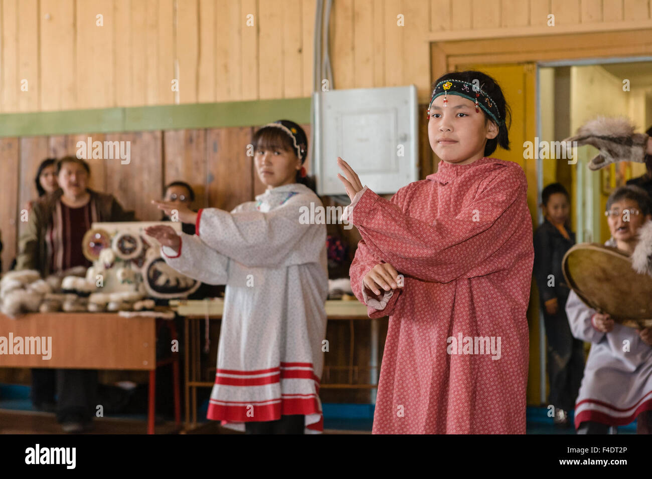 Russia, Chukotka, Chaplino Village, Chukchi girls performing ...