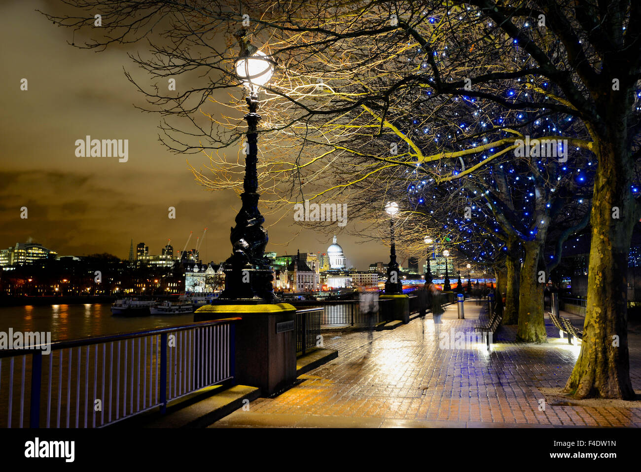 The Embankment on the south side of the Thames River in London offers a ...