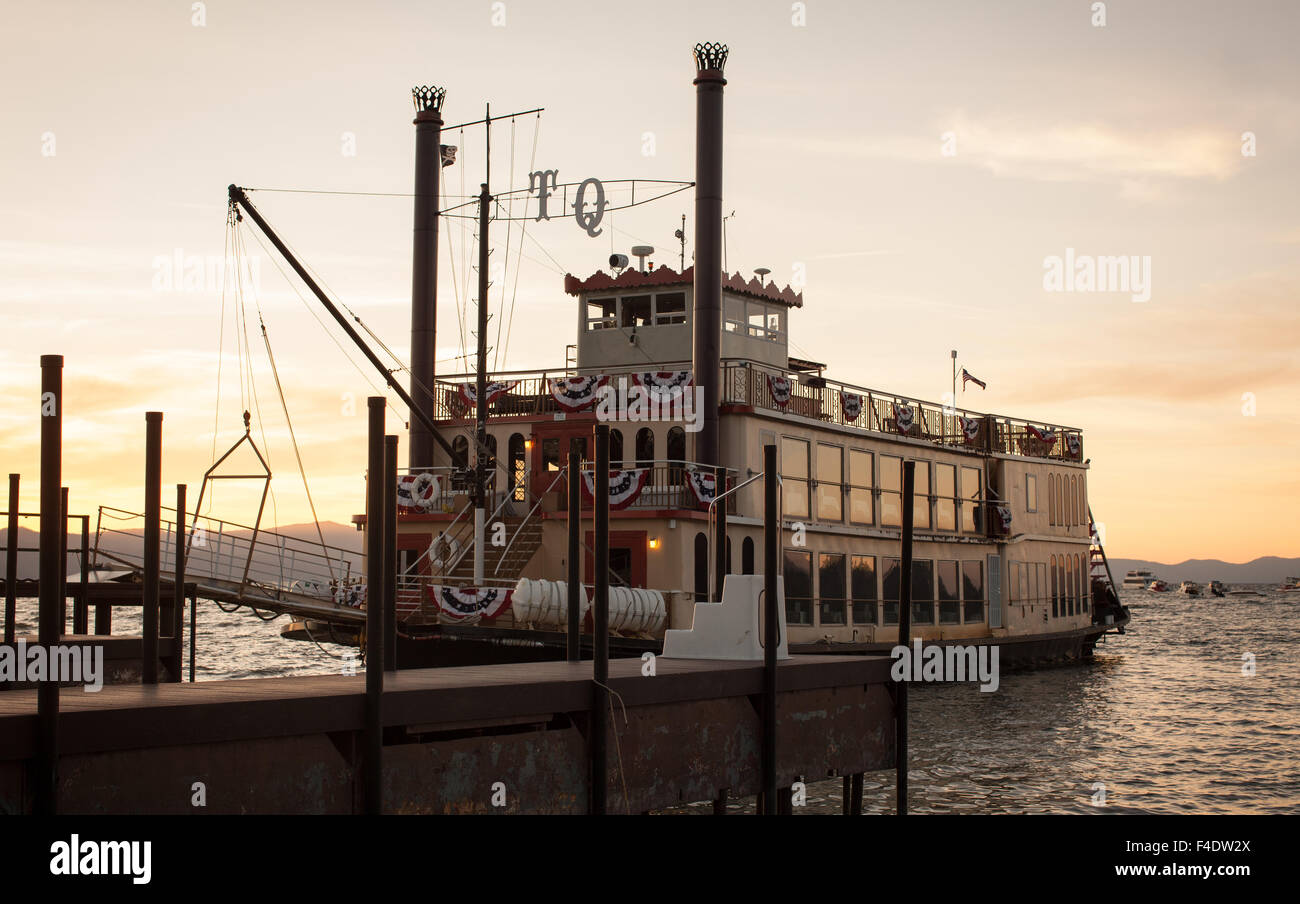 The Tahoe Queen docked in Lake Tahoe at sunset Stock Photo - Alamy