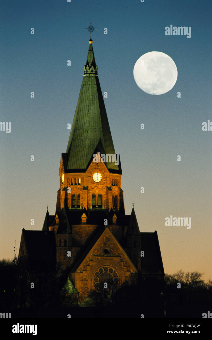 Sweden, Stockholm, Full moon near Sofia Kyrka at night. (Large format ...