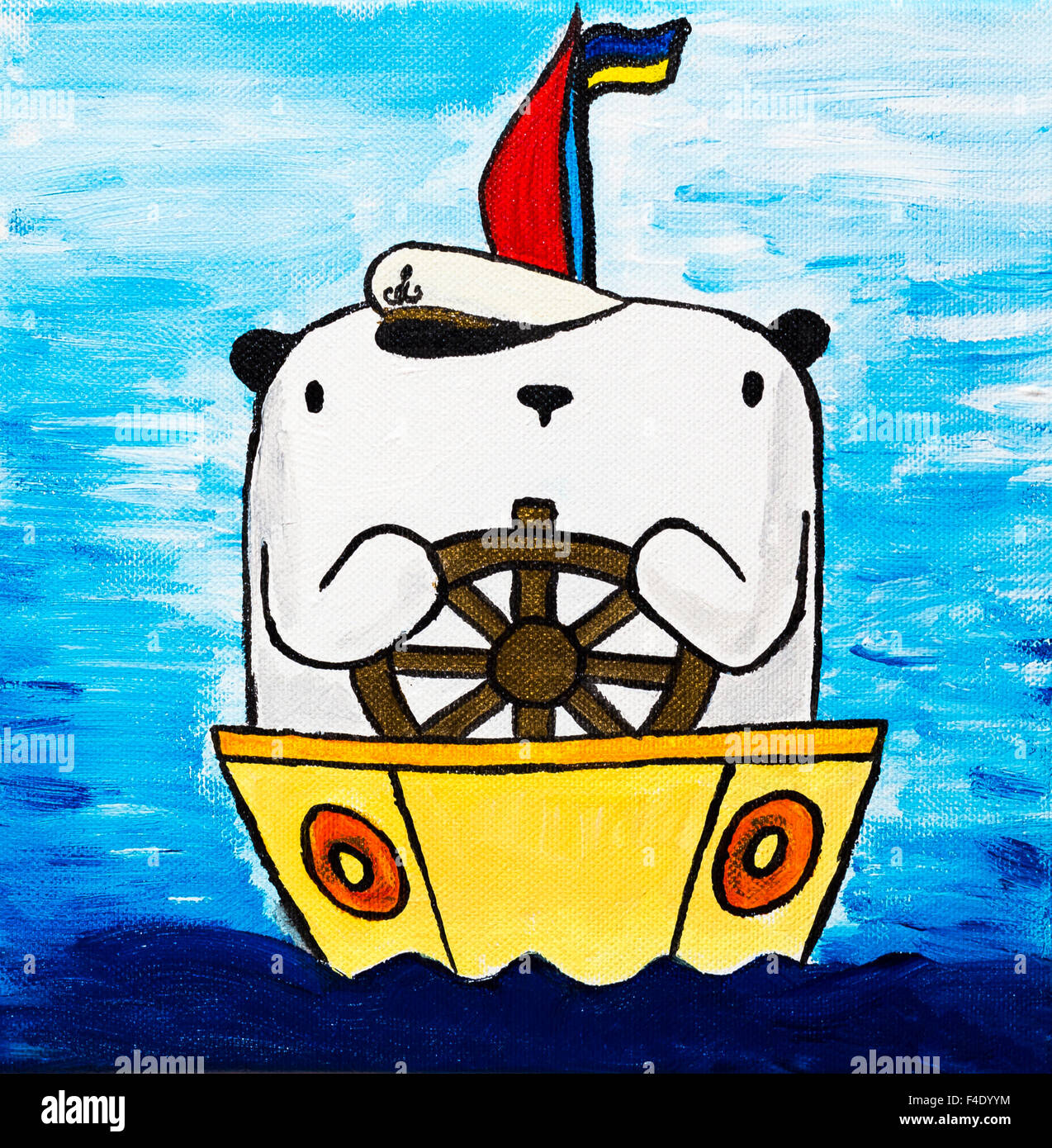 Picture paints white teddy bear captain on ship in blue sea or ocean ...
