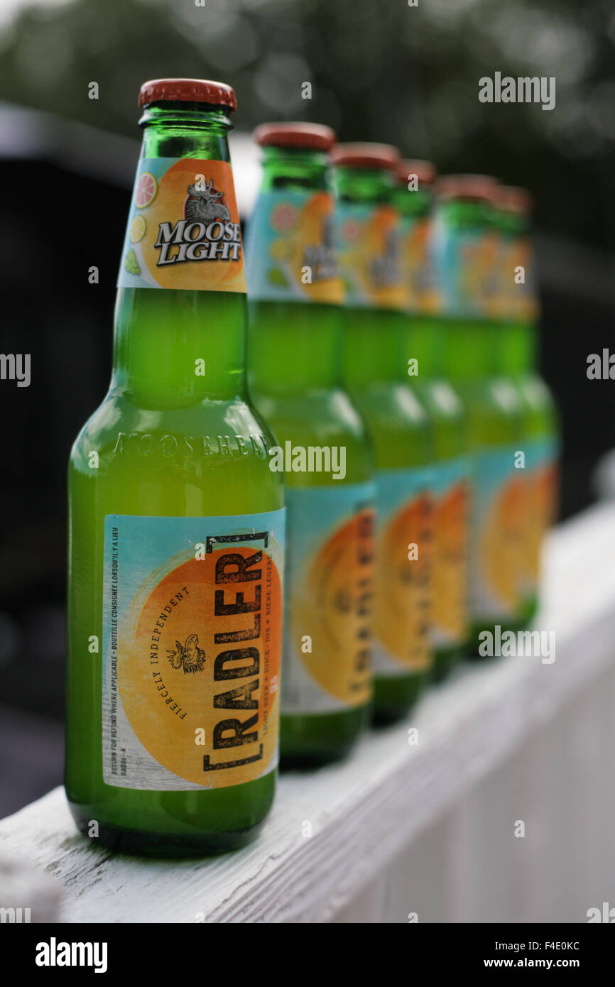 Bottles of Moosehead Radler lined up on a sunny day in Nova Scotia ...