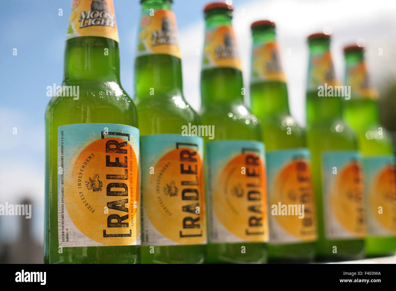 Bottles of Moosehead Radler lined up on a sunny day in Nova Scotia ...