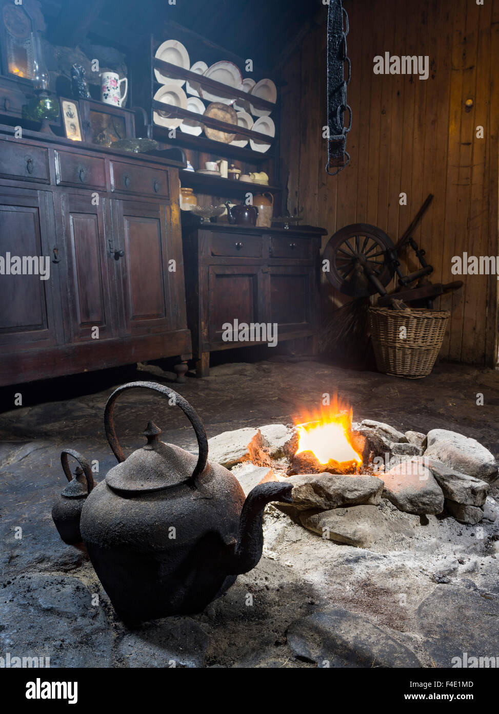 Arnol Blackhouse No 42 on the Isle of Lewis. Open peat fire in the living room, kitchen. (Large ...