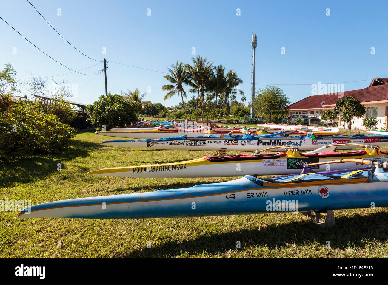 Pacific Ocean, French Polynesia, Society Islands, Huahine, Fare. Canoes ...