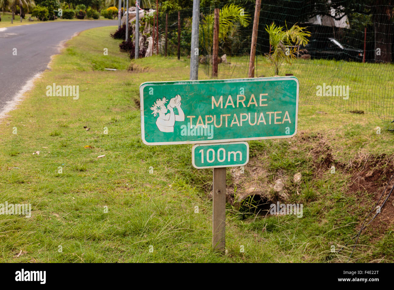 Pacific Ocean, French Polynesia, Society Islands, Raiatea. Road sign ...