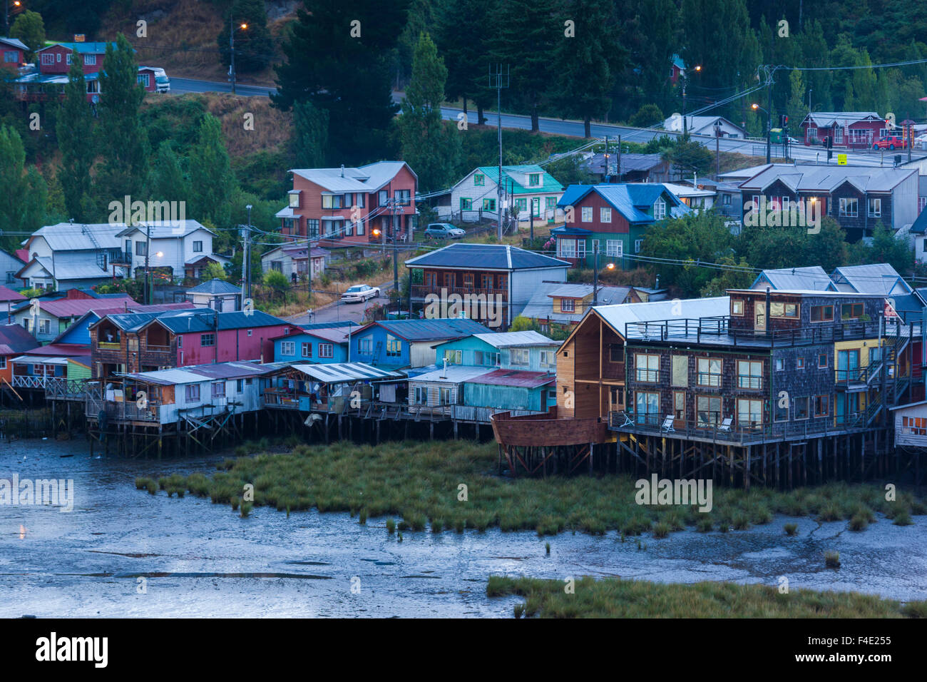 Chile, Chiloe Island, Castro, palafito stilt houses, elevated view ...