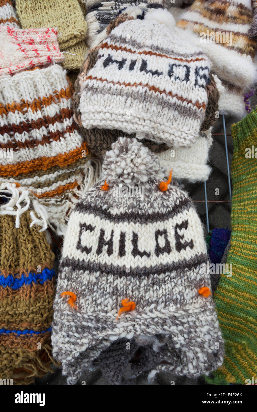Chile, Chiloe Island, Dalcahue, craft fair, souvenir wool hats Stock ...