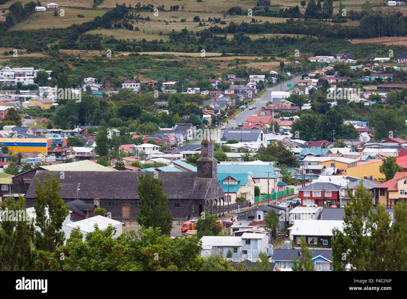 Chile, Chiloe Archipelago, Quinchao Island, Achao, elevated town view ...