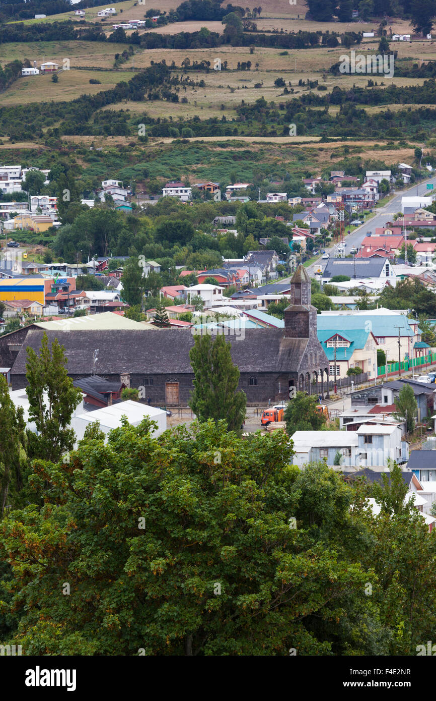 Chile, Chiloe Archipelago, Quinchao Island, Achao, elevated town view ...
