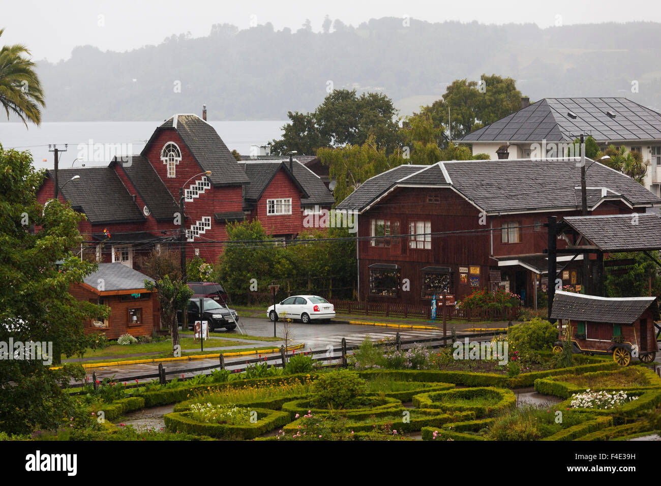 Chile, Los Lagos Region, Frutillar Bajo, German Colonial town buildings ...