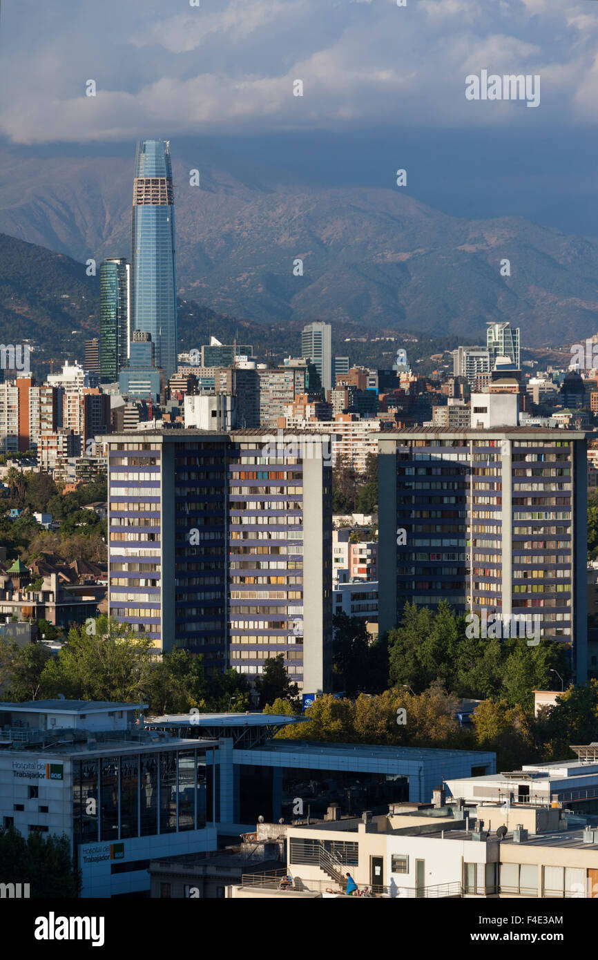 Chile, Santiago, elevated city view towards the Gran Torre Santiago at ...