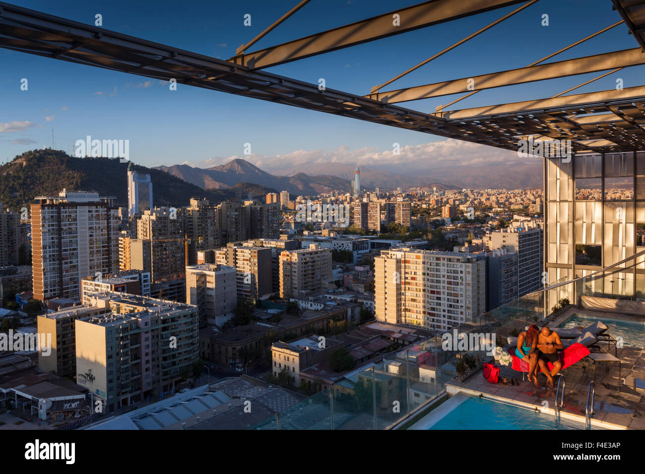 Chile, Santiago, elevated city view towards the Gran Torre Santiago ...