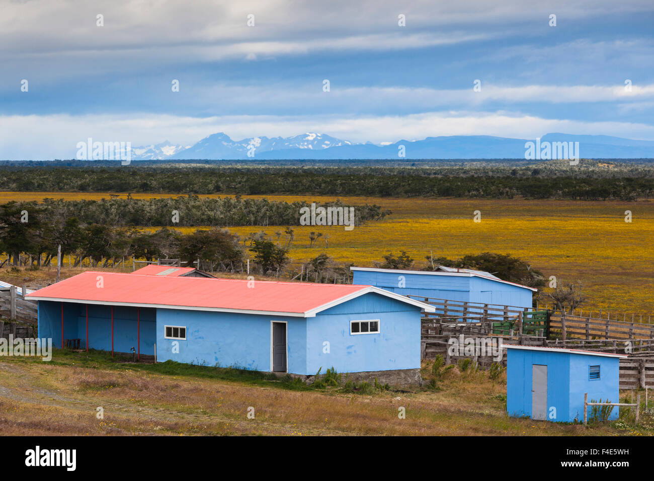 Chile, Magallanes Region, Ruta 9 highway, ranch buildings Stock Photo ...