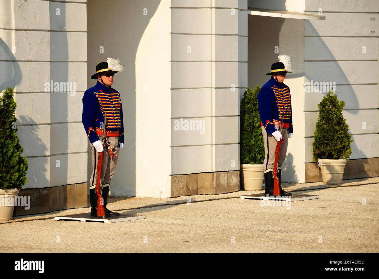 Slovakia, Bratislava. Two guards dressed in traditional outfit standing ...