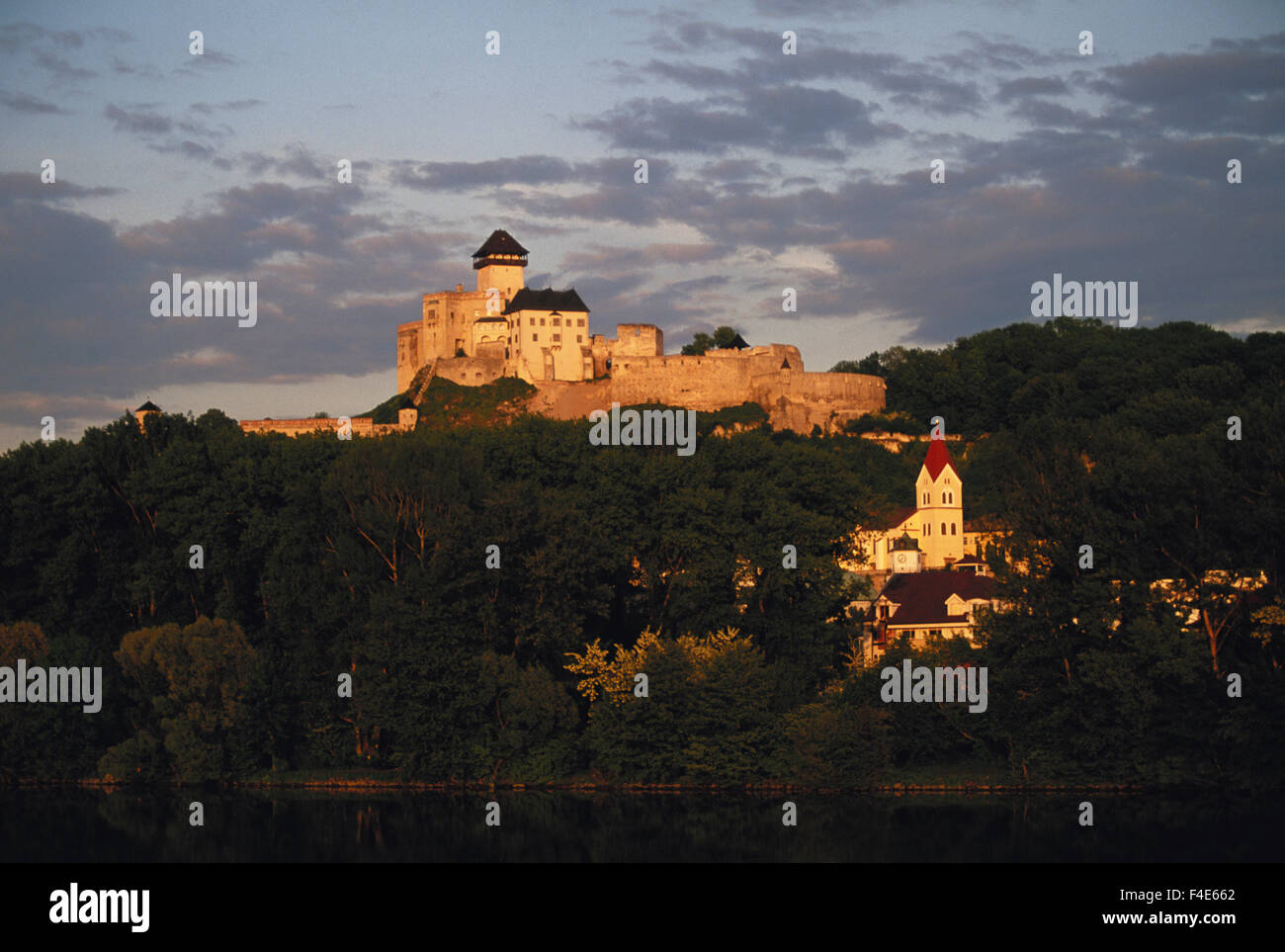 Slovakia, West Slovakia, Trencin, Reflection of Trencin Castle in Vah ...