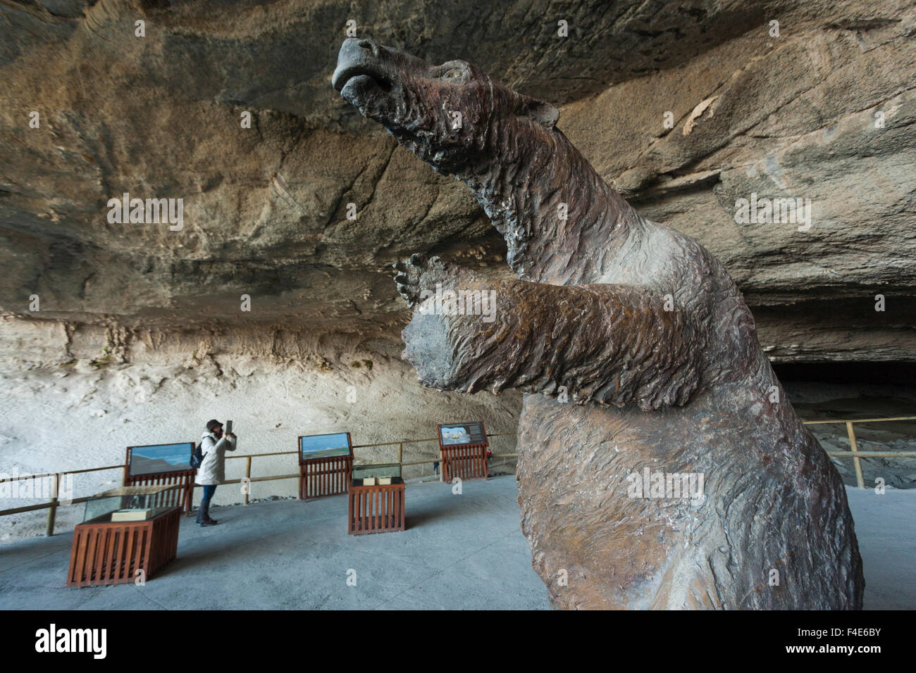 Chile, Magallanes Region, Puerto Natales, Cueva de Milodon, statue of ...