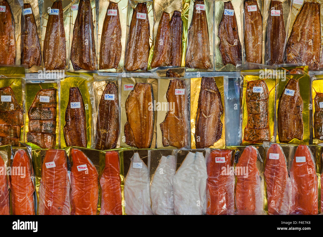Chile, Los Lagos Region, Puerto Montt, Angelmo harbor market, smoked ...