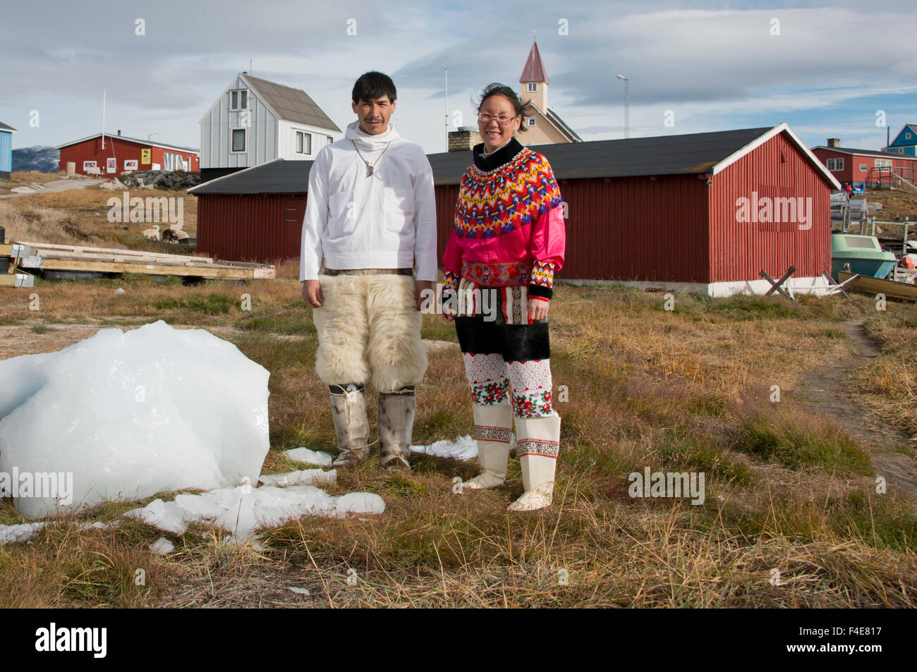 Greenland, Disko Bay, Saqqaq. Couple, in traditional Greenlandic attire ...