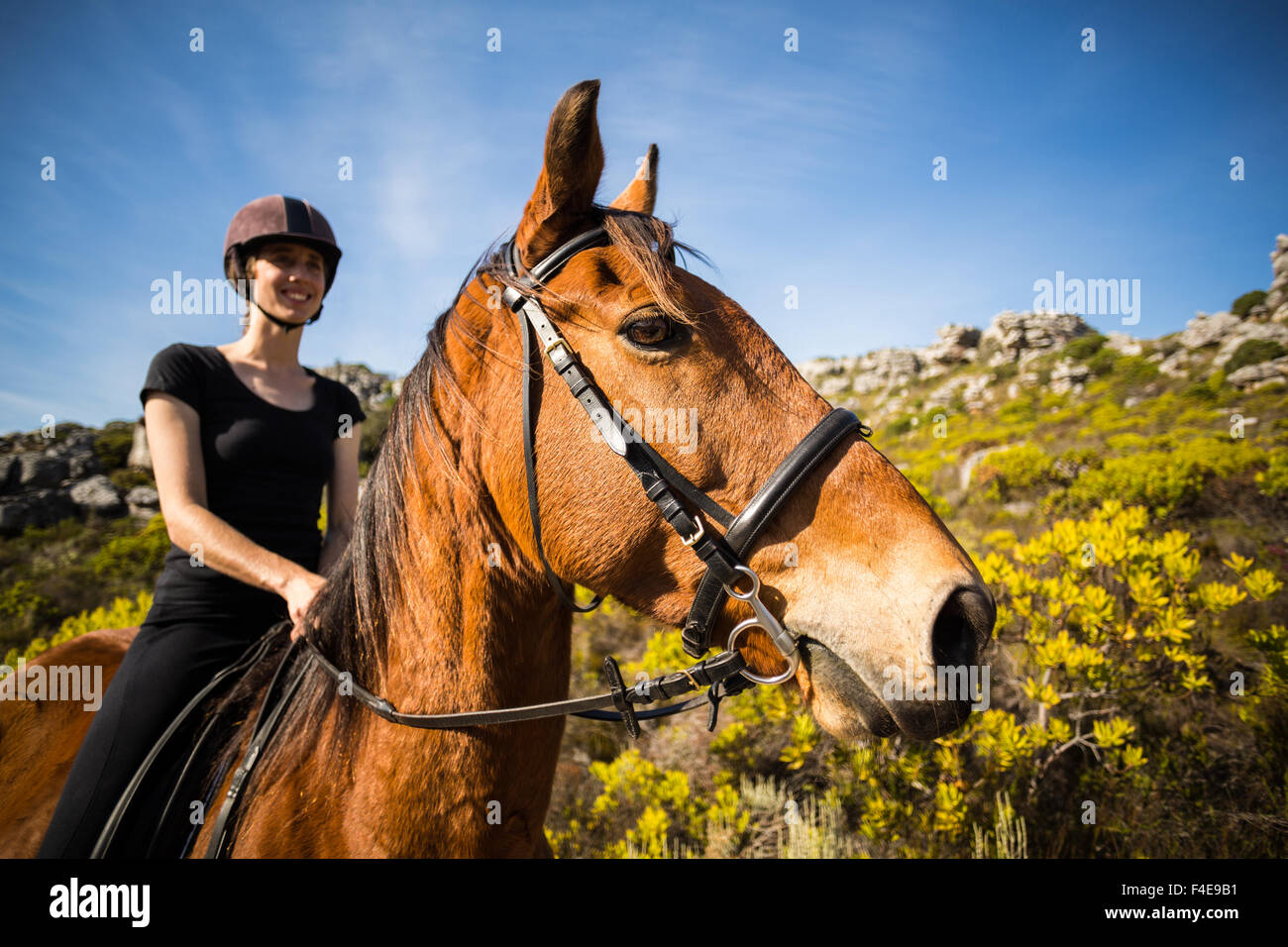 Young happy woman riding her horse Stock Photo - Alamy