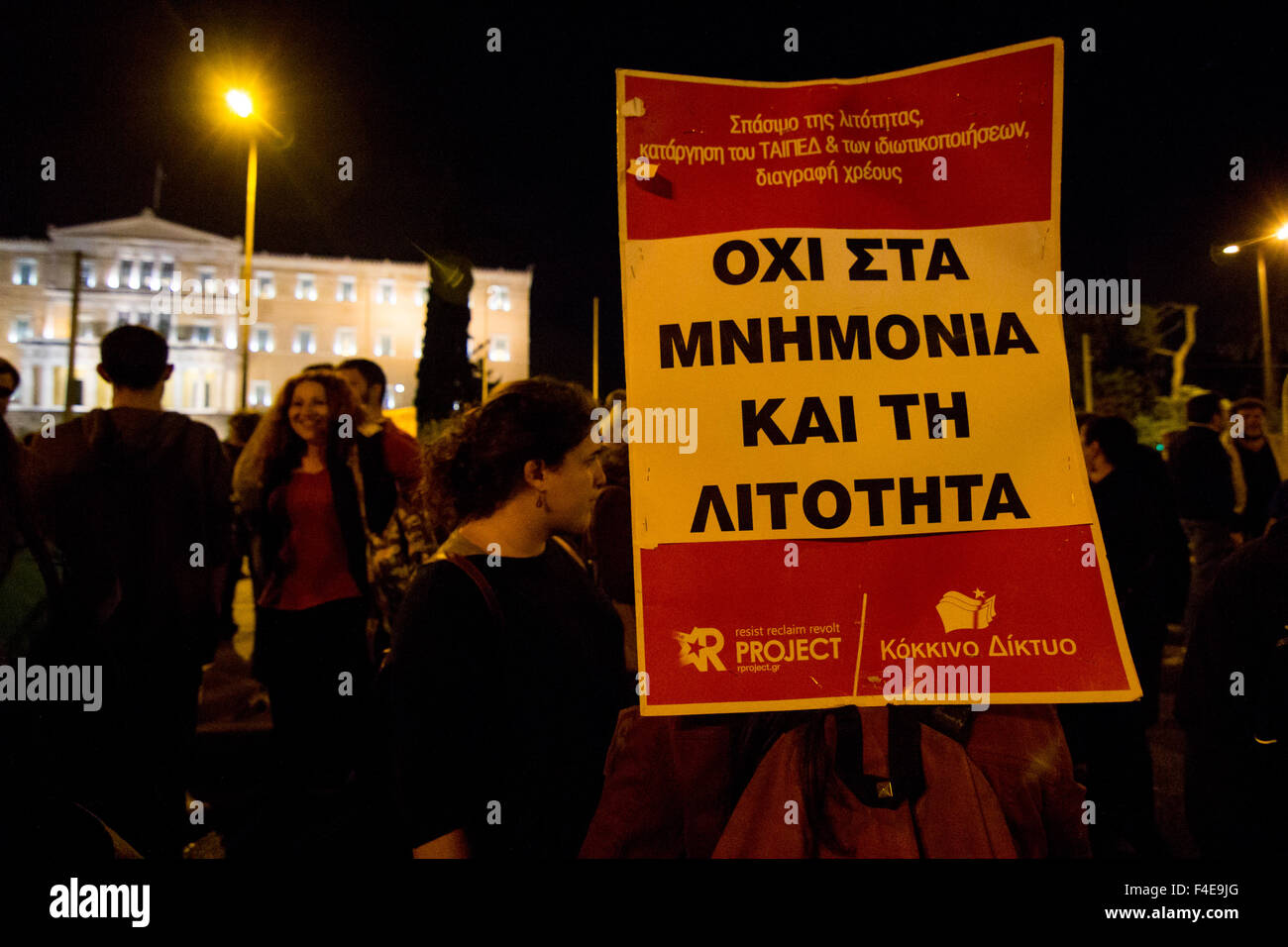 Athens, Greenland. 16th Oct, 2015. A protester with a placard during ...