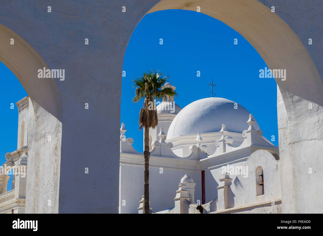 USA, Arizona, Tucson. San Xavier Del Bac Mission. Exterior arch with ...
