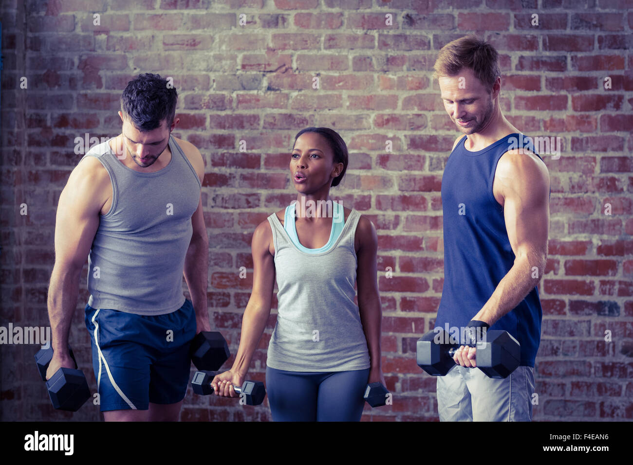 Fit people lifting dumbbells together Stock Photo - Alamy