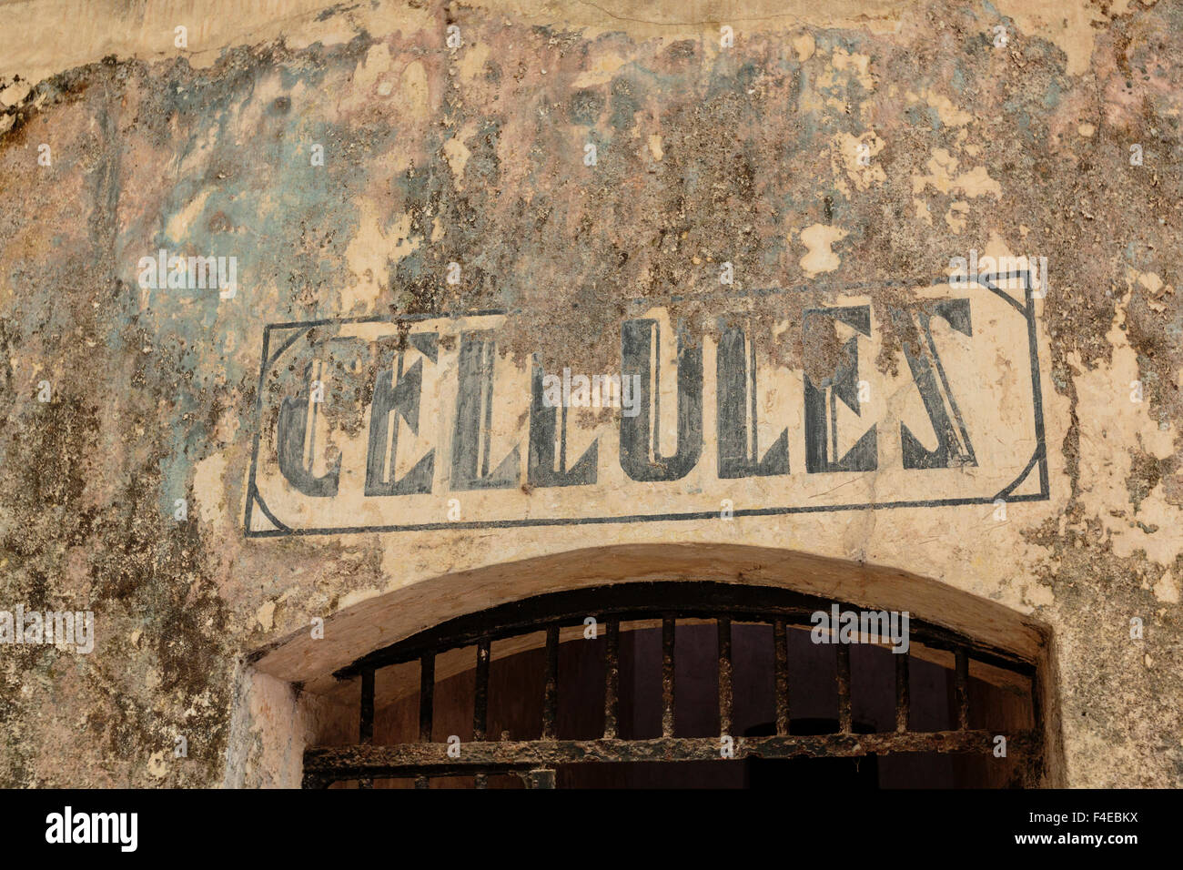South America, French Guiana, Ile Royale. Sign marking cell in French ...