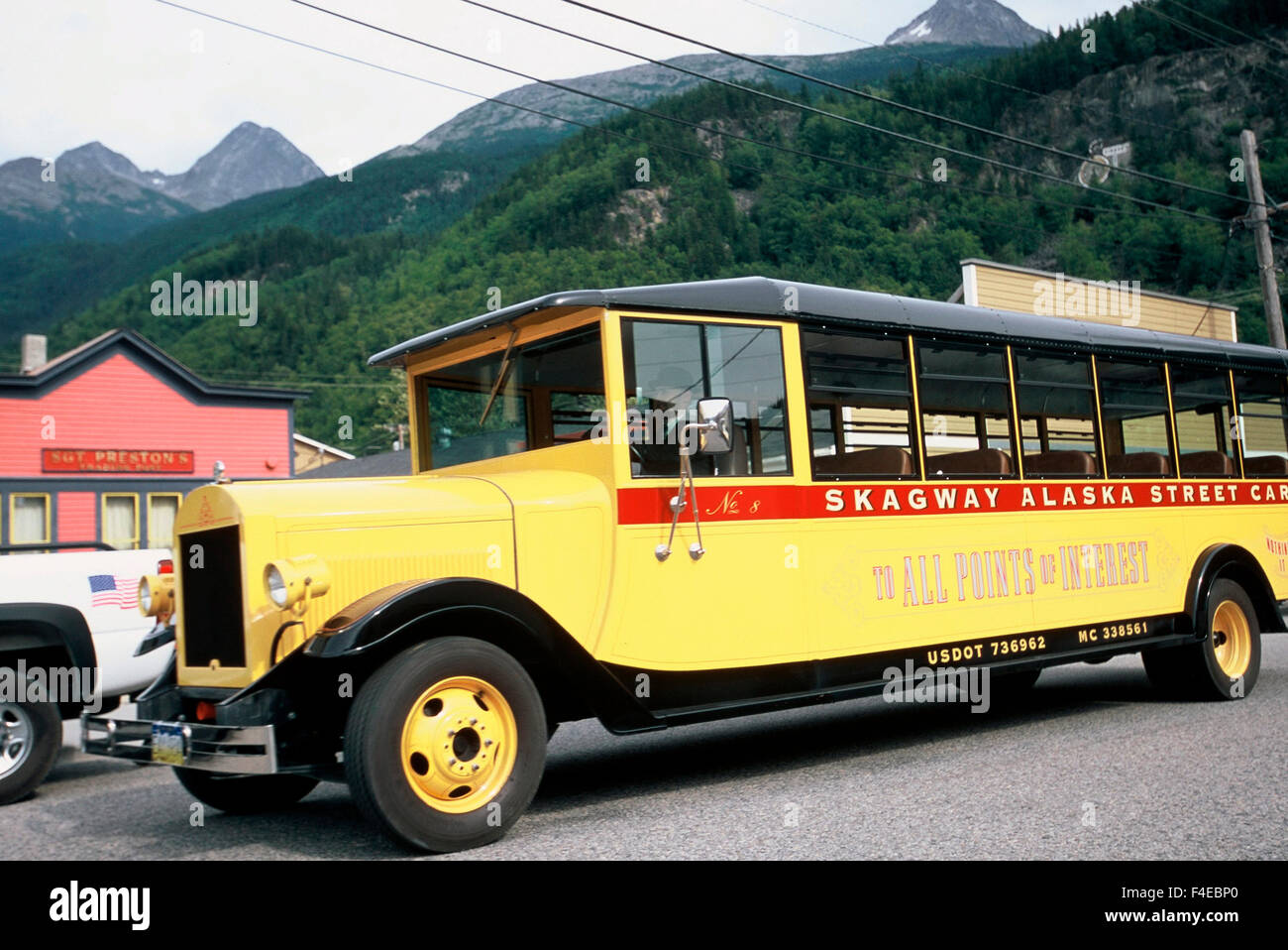 USA, Alaska, Skagway, Skagway Streetcar Bus Stock Photo - Alamy