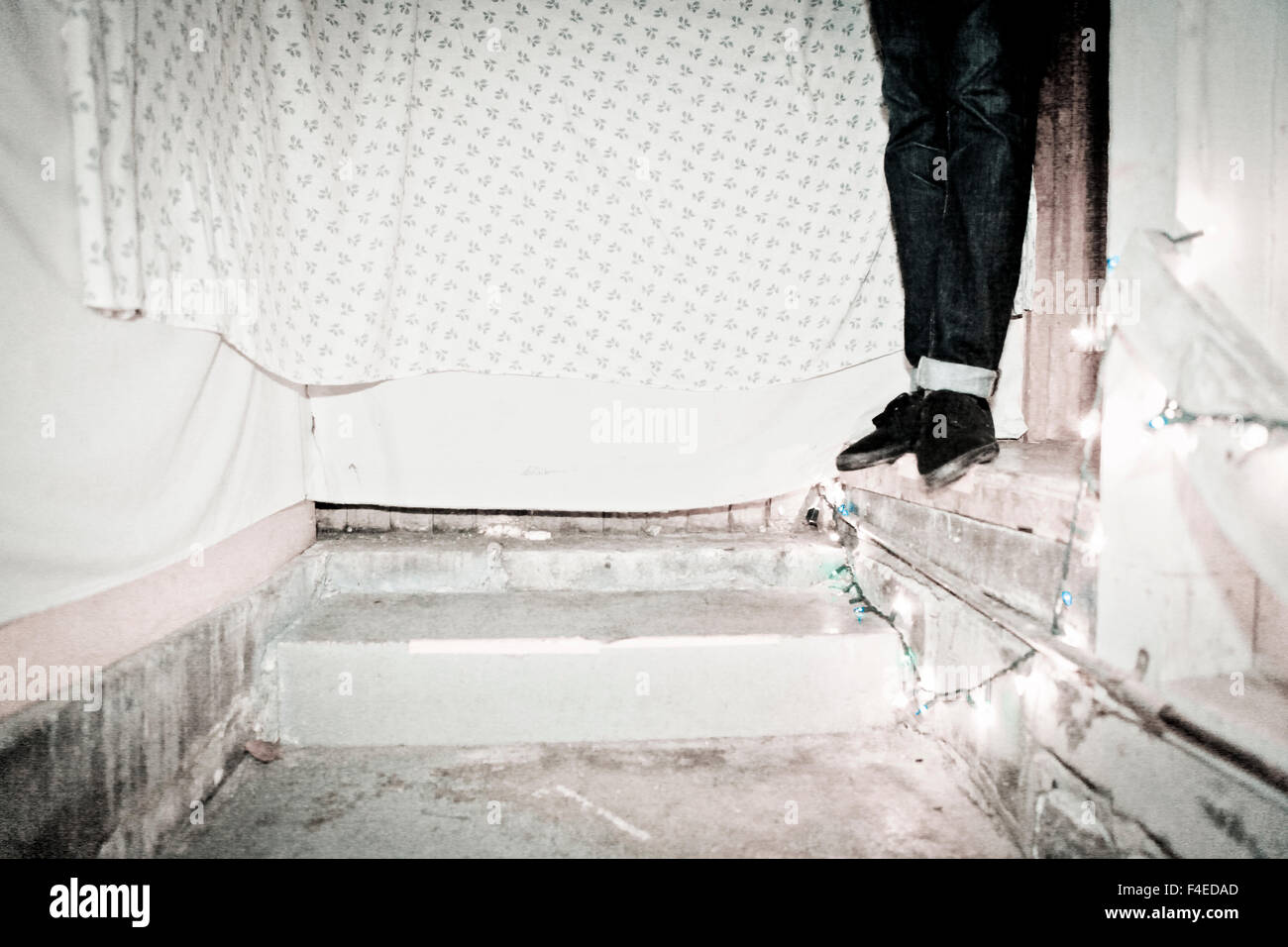 Entrance to basement for punk rock show. Let's Pretend Records Band ...