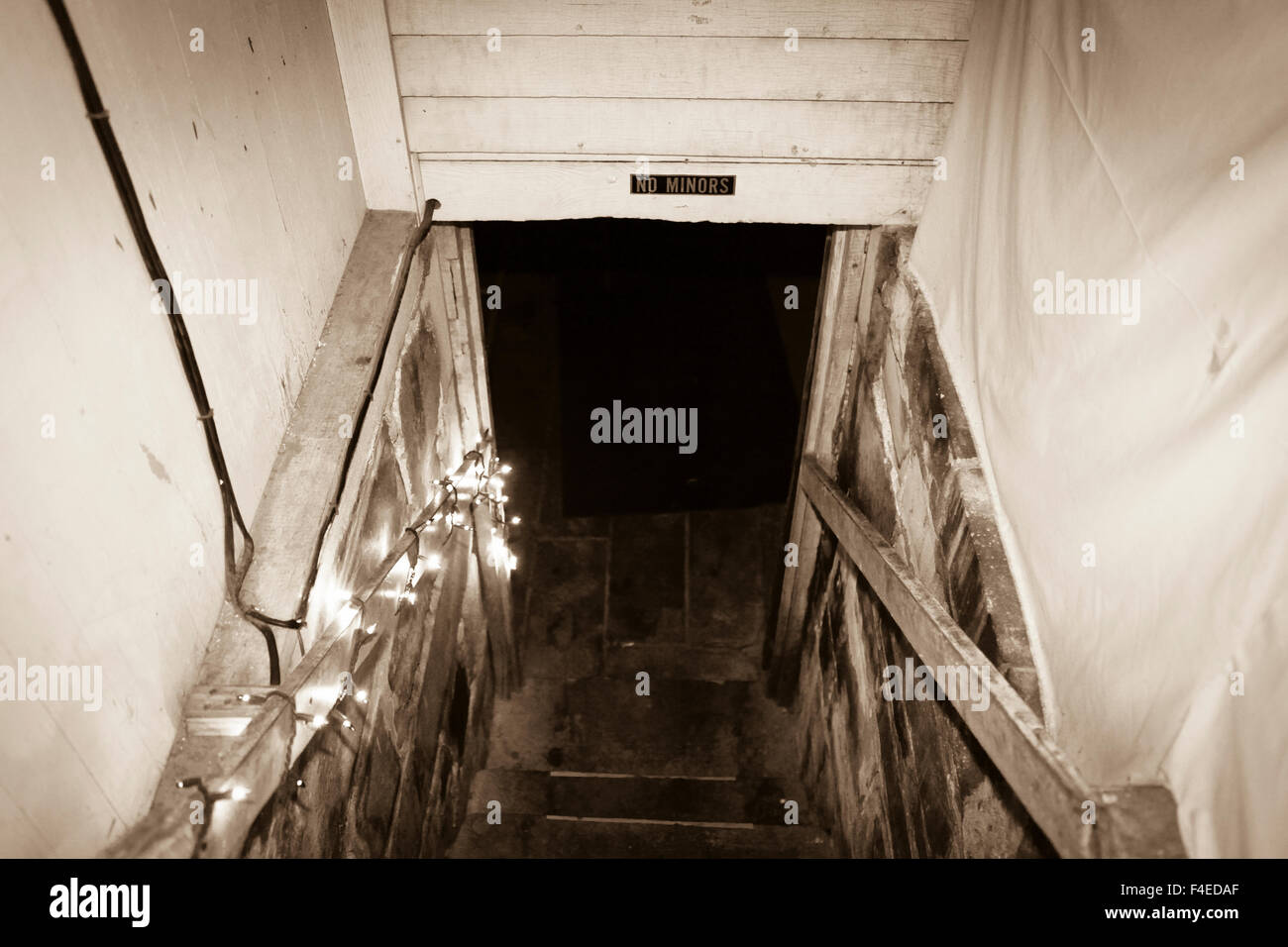 Entrance to basement for punk rock show. Let's Pretend Records Band ...