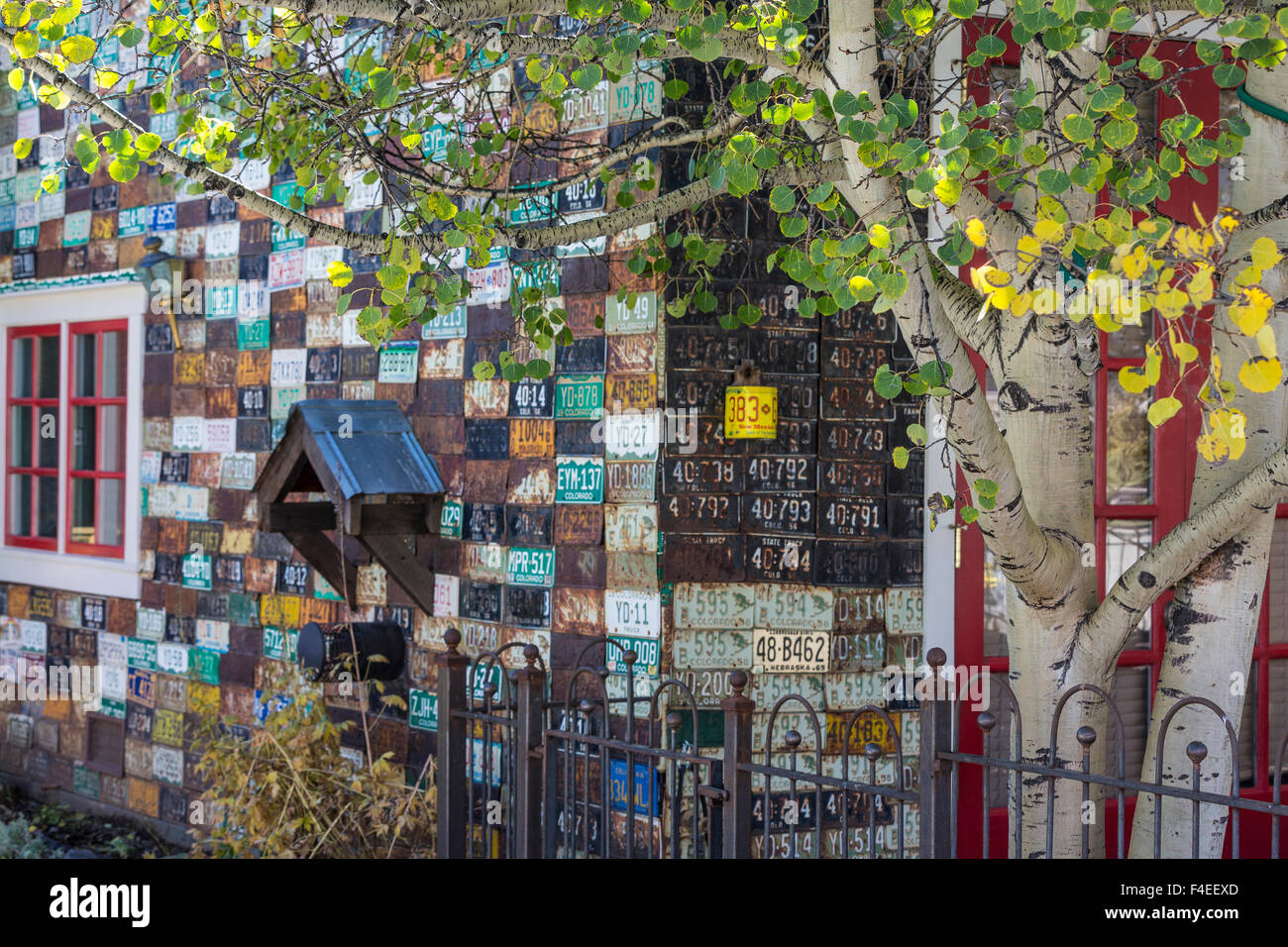 USA, Colorado, Crested Butte. Old license plates on outside building ...