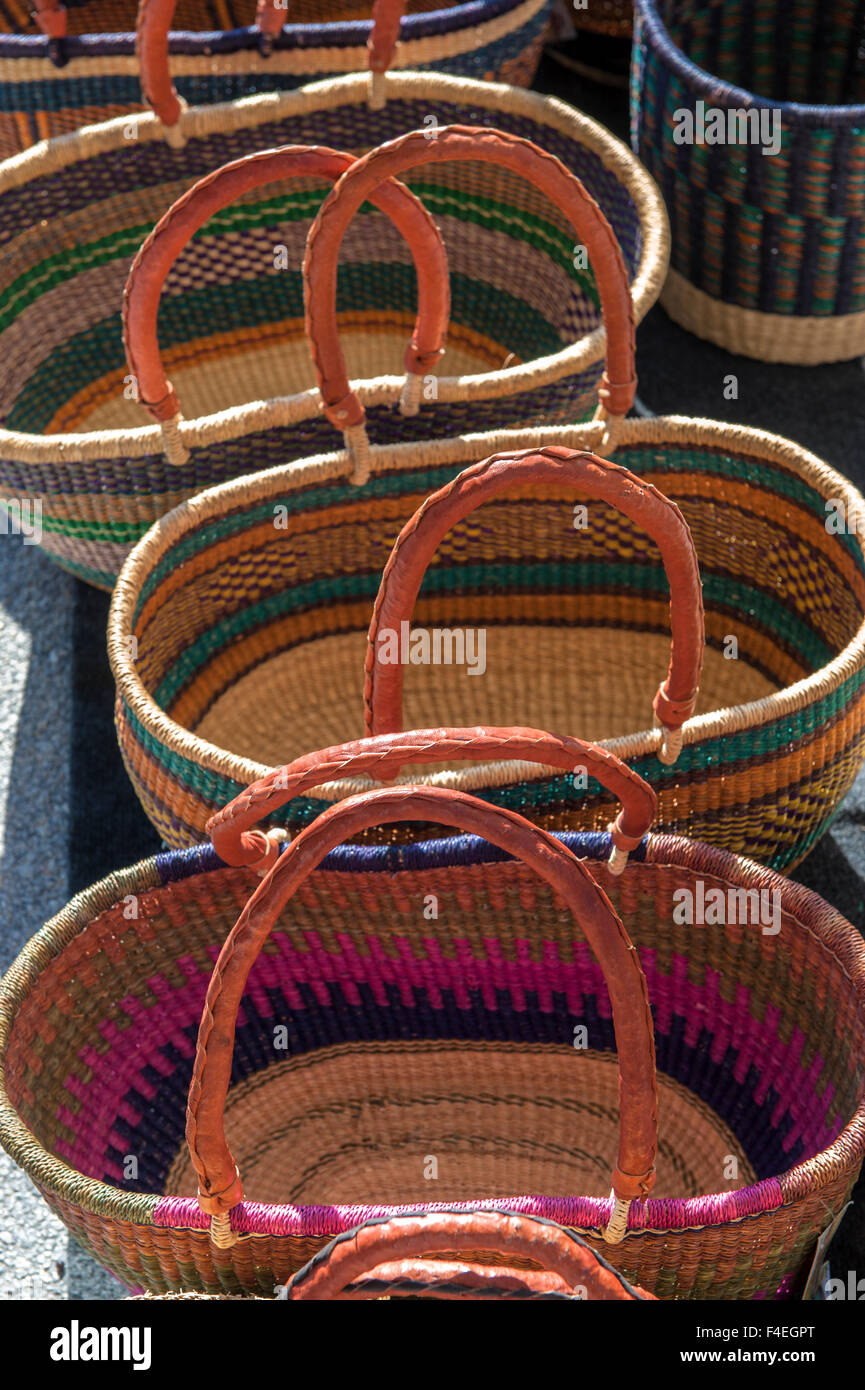 USA, Florida, New Smyrna Beach, fair-trade woven baskets for sale at ...