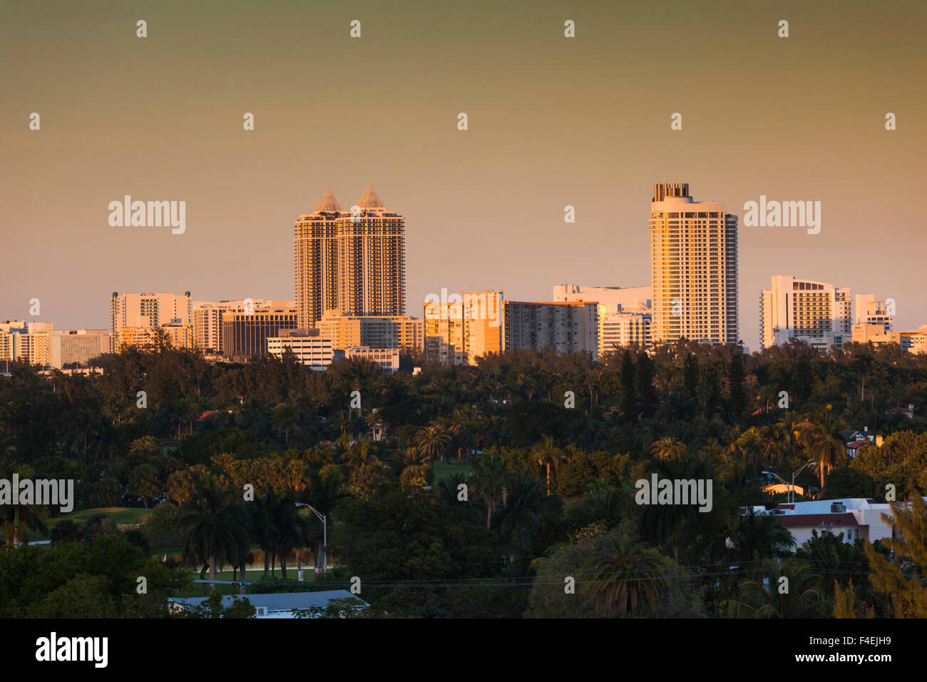 USA, Florida, Miami Beach, elevated view of beachfront high rise ...