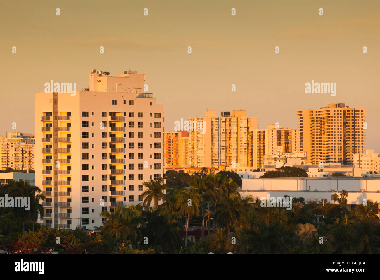 USA, Florida, Miami Beach, elevated view of beachfront high rise ...