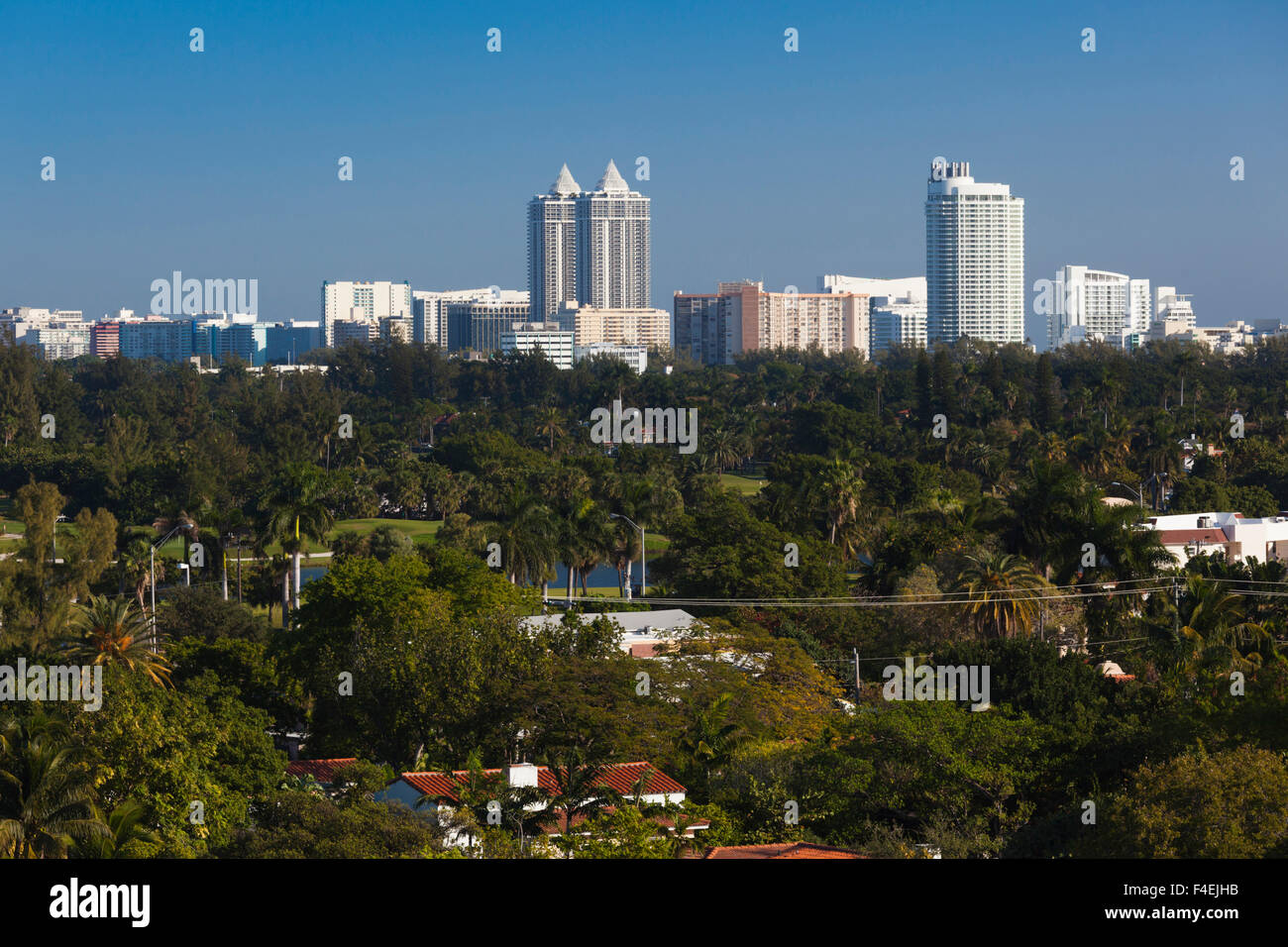 USA, Florida, Miami Beach, elevated view of beachfront high rise ...