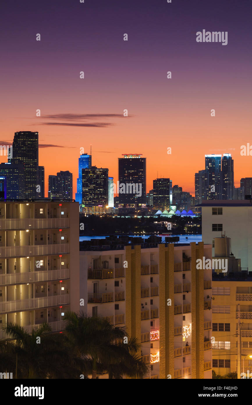 USA, Florida, Miami Beach, elevated view of Miami skyline, dusk Stock ...