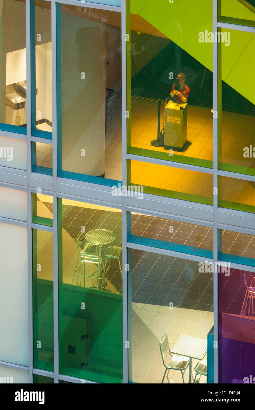 USA, Florida, Miami Beach, Lincoln Road, elevated view through windows ...