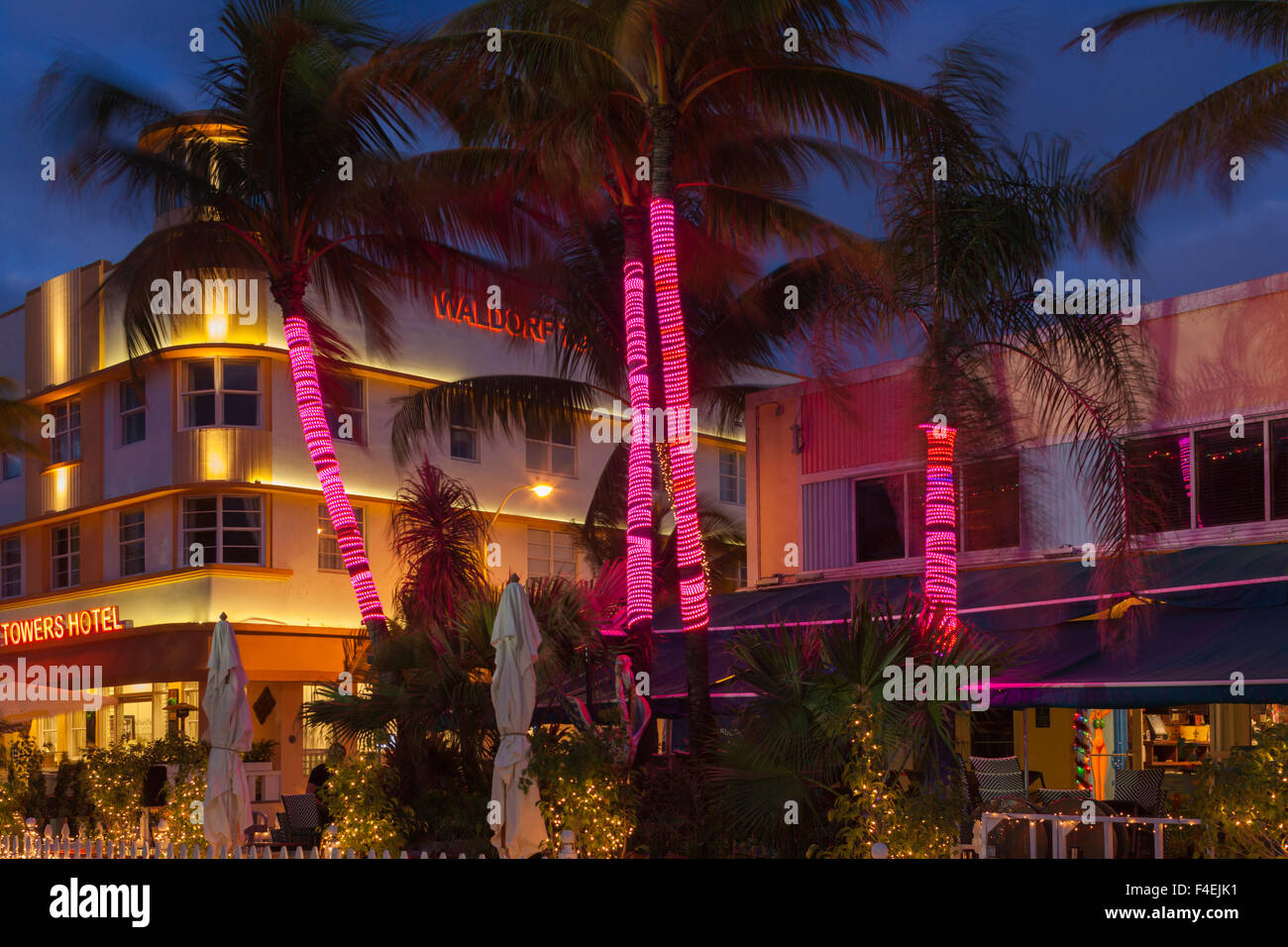 USA, Florida, Miami Beach, South Beach hotels on Ocean Drive, dawn ...