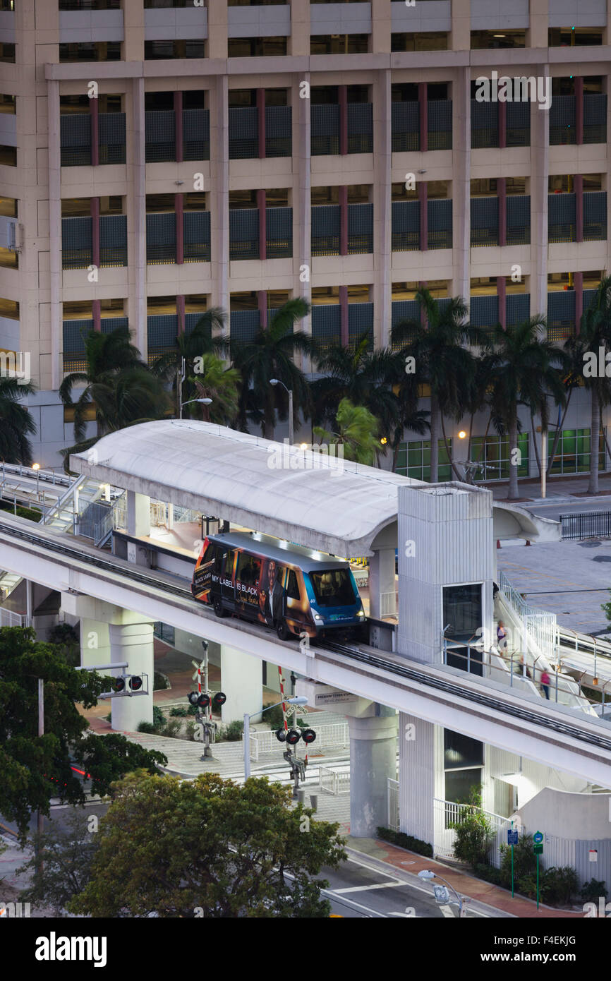 USA, Florida, Miami, elevated city view with Metromover light rail ...