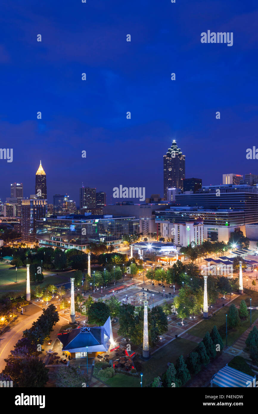 Georgia, Atlanta, Centennial Olympic Park, elevated city view, dusk ...