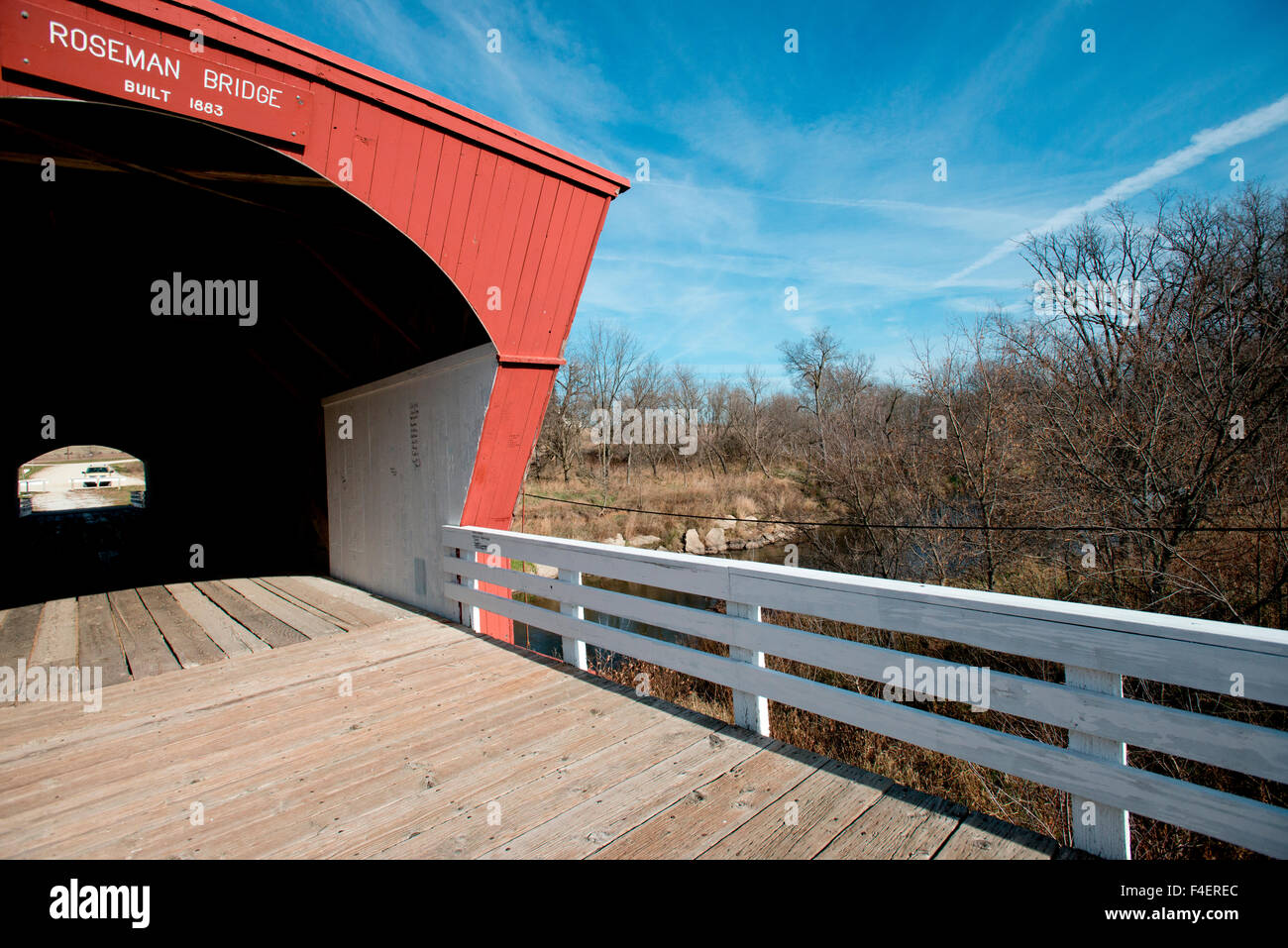 USA, Iowa, Winterset. Roseman Covered Bridge over Middle River built in ...