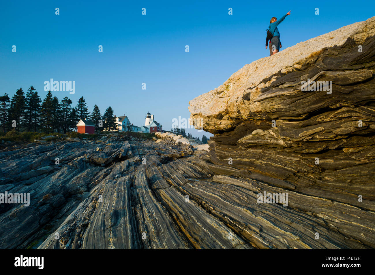 Maine, Pemaquid Point, Pemaquid Point Lighthouse and rocky shoreline ...