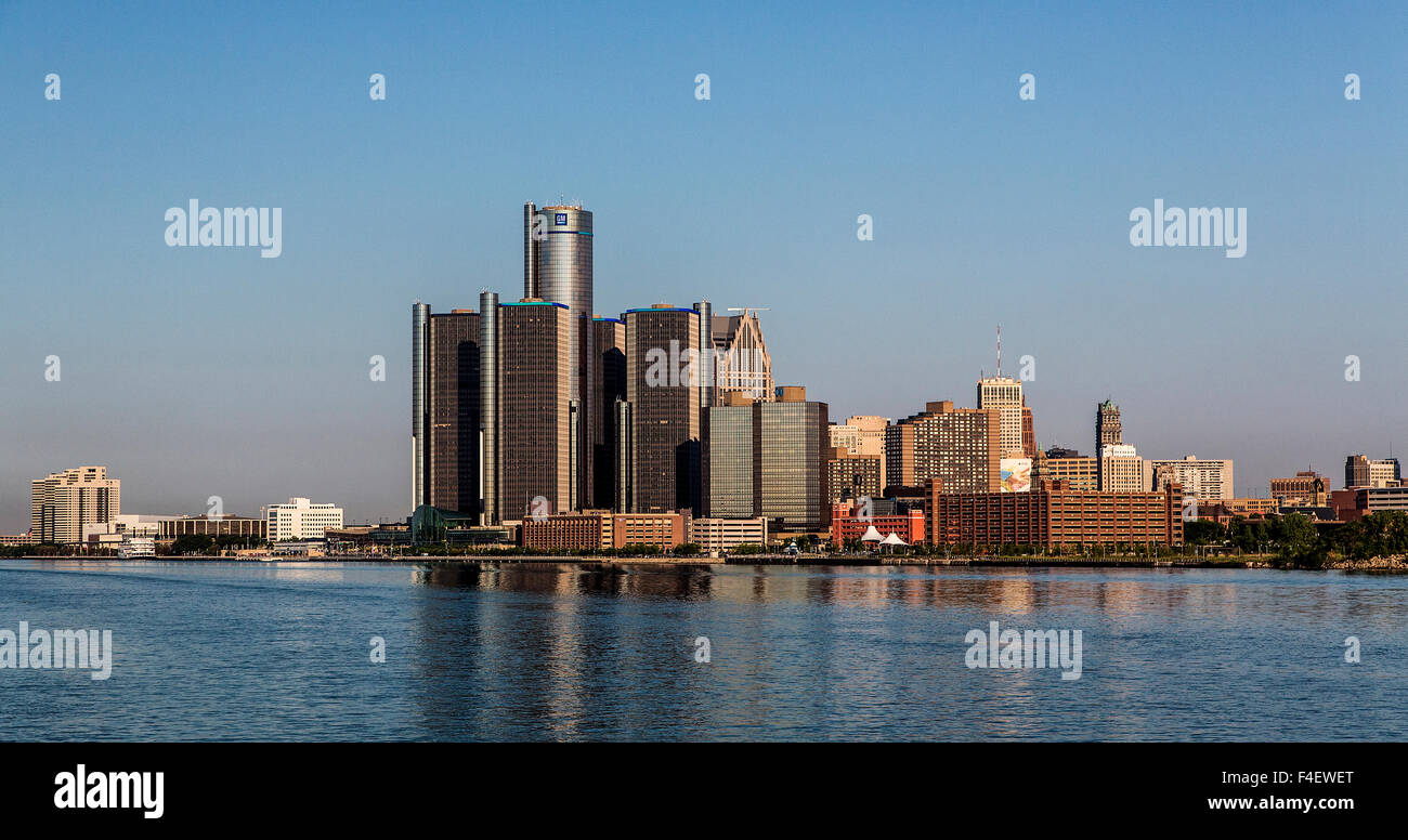A view of Detroit and the GM building on the Detroit River Stock Photo ...