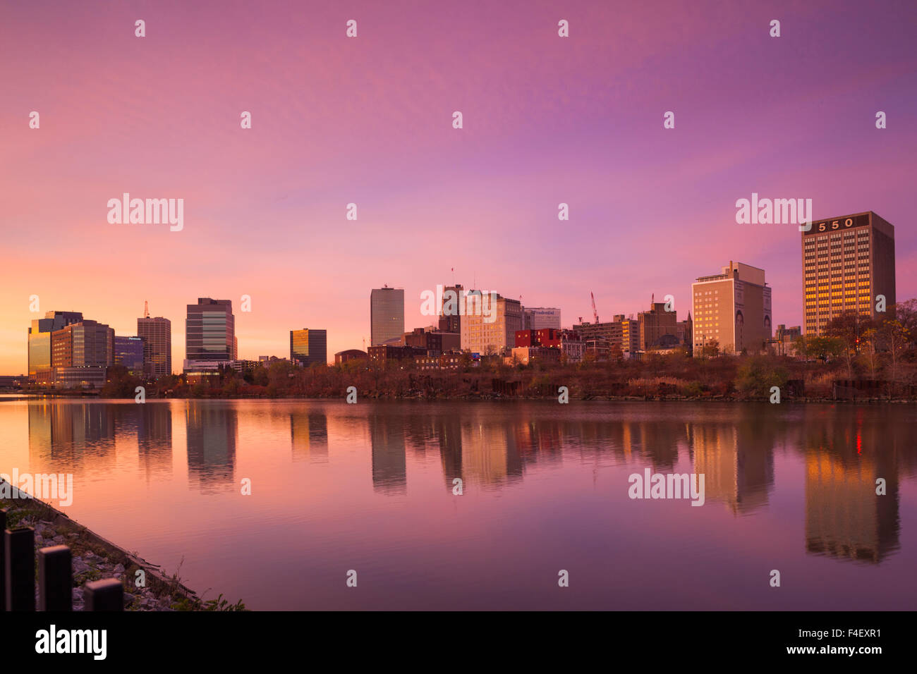 USA, New Jersey, Newark, city skyline from Passaic River, dawn Stock ...