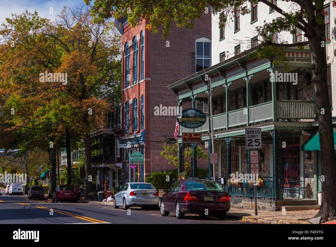 USA, New Jersey, Lambertville, street view with Lambertville House ...